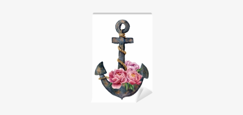 Watercolor Retro Anchor With Rope And Peony Flowers - Transparent ...