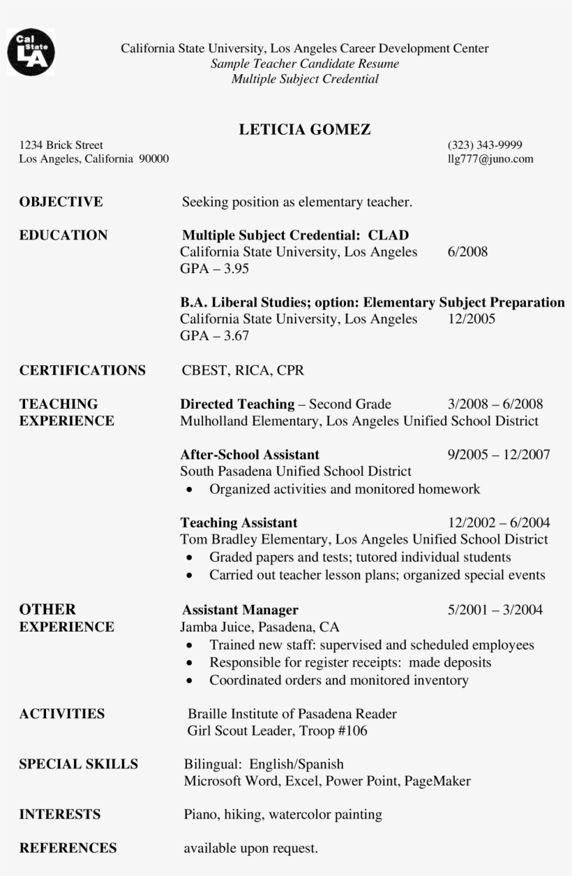 Sample Teacher Candidate Resume Main Image - First Year Teacher Resume ...