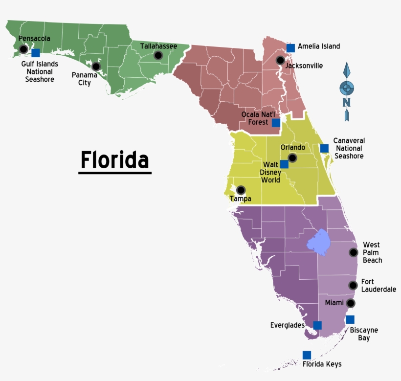 Florida Regions Map With Cities - Regions Of Florida - Free Transparent ...