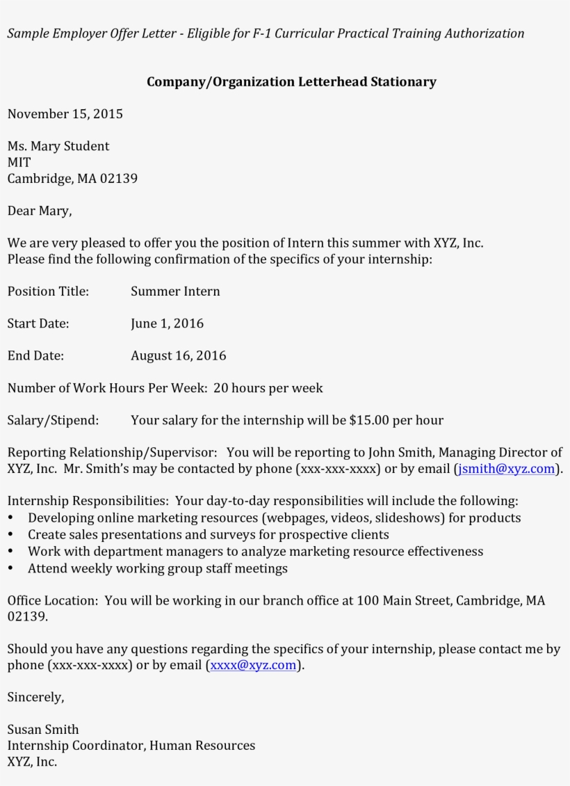 Summer Internship Employer Offer Letter Main Image - 100 Hours ...