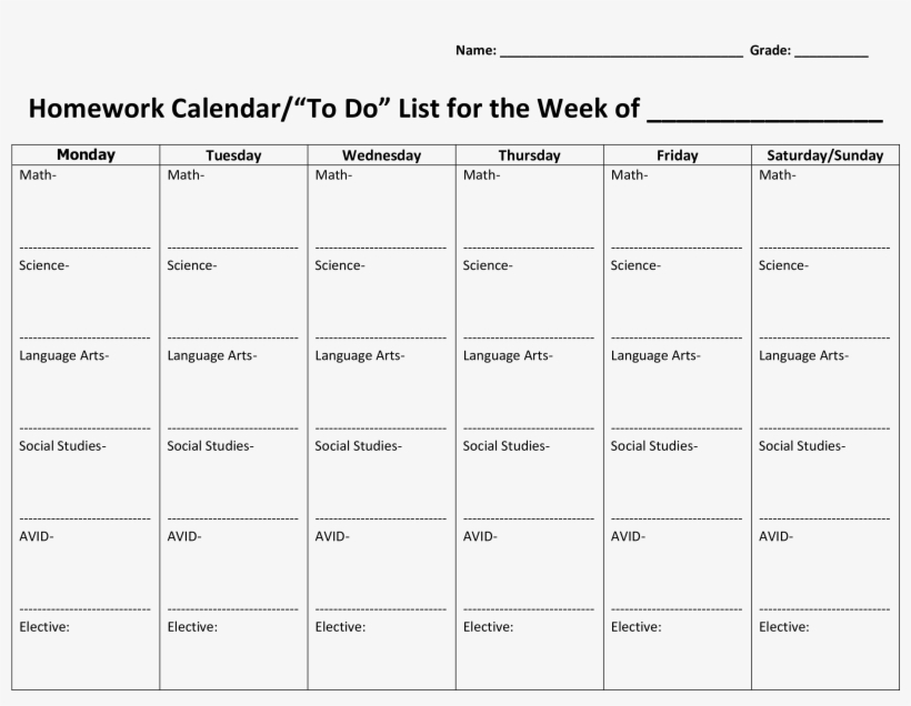 Printable Weekly Homework Calendar Main Image - Number - Free ...