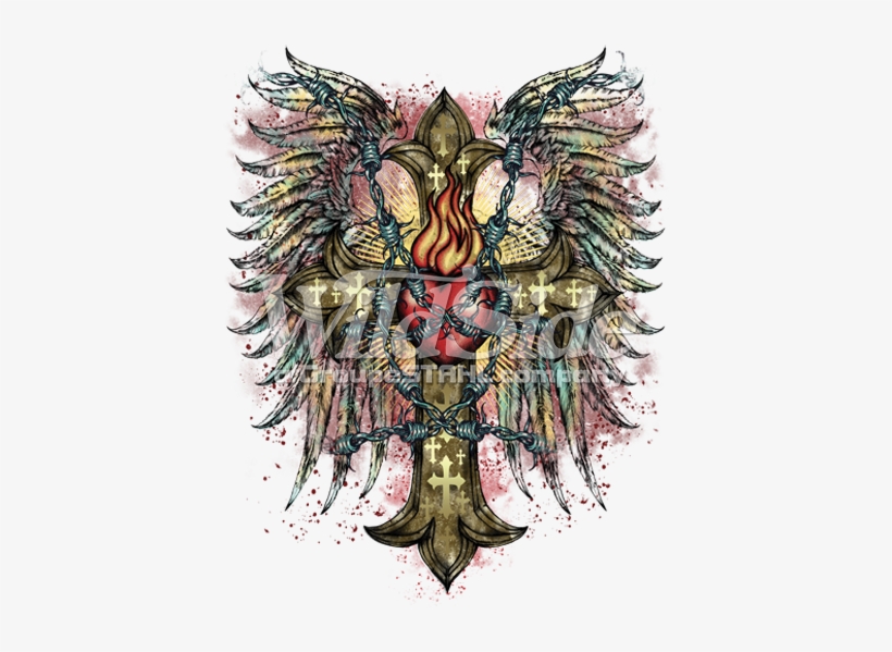 Flaming Heart Cross With Wings - Drawing - Free Transparent PNG ...
