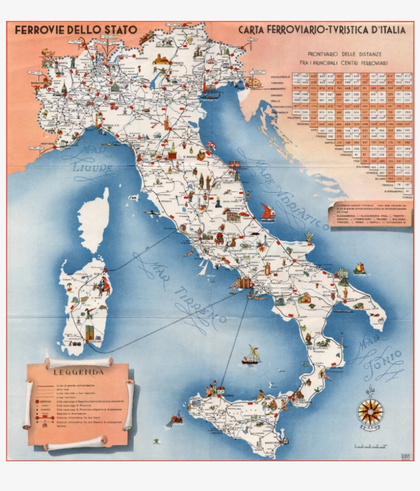Italy Train Rail Network Map Carta Ferroviario-turistca - Railway ...