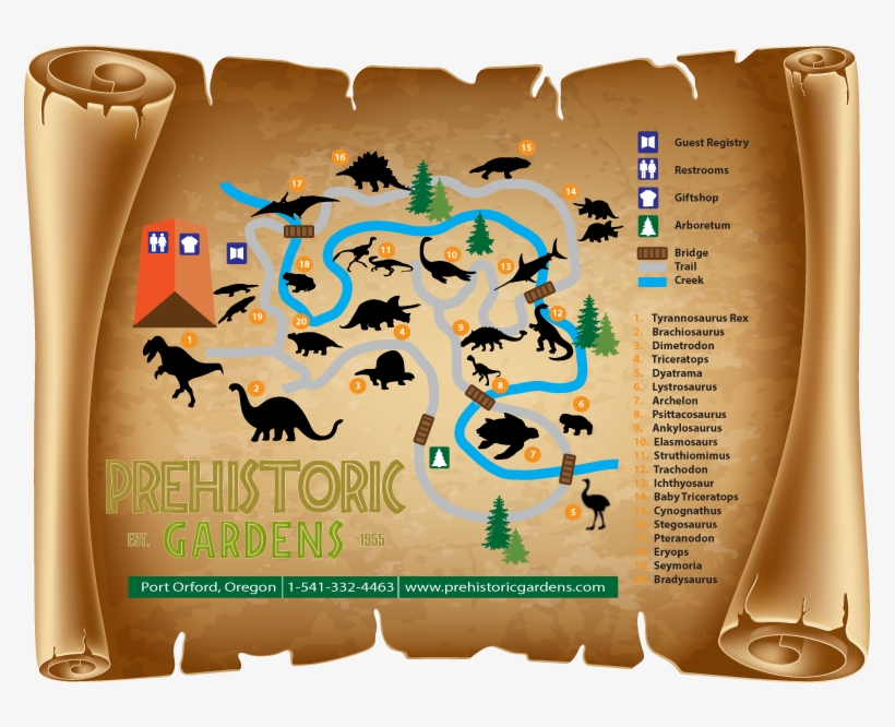 Prehistoric Gardens Park Map On Scroll Image - Port Orford Prehistoric ...