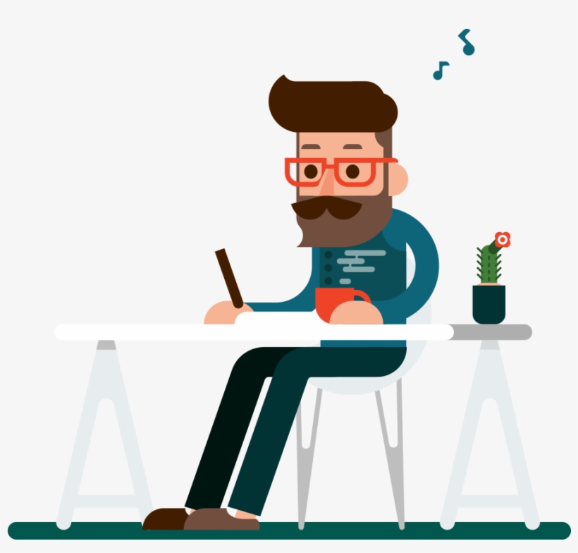 An Illustrated Man Writing At His Desk - Design - Free Transparent PNG ...