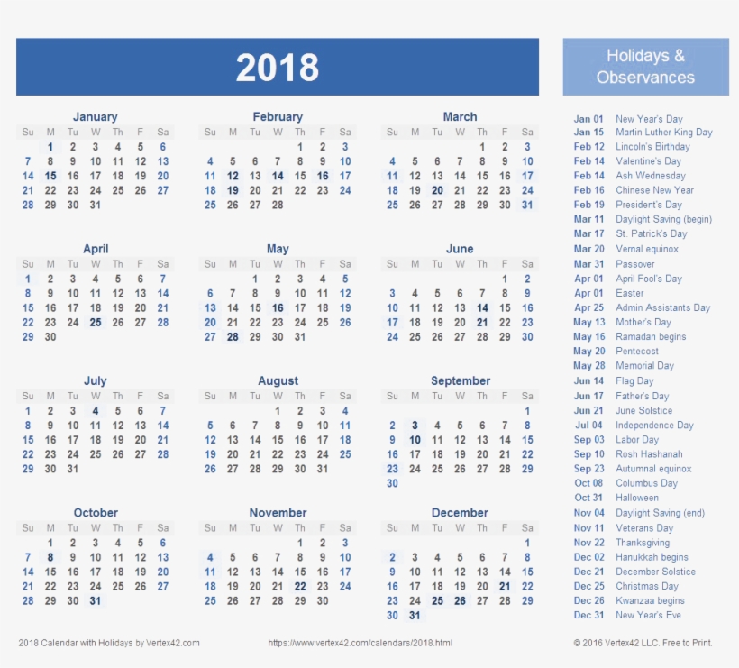 2018 Calendar Transparent Background - 2018 Calendar With Holidays Usa ...