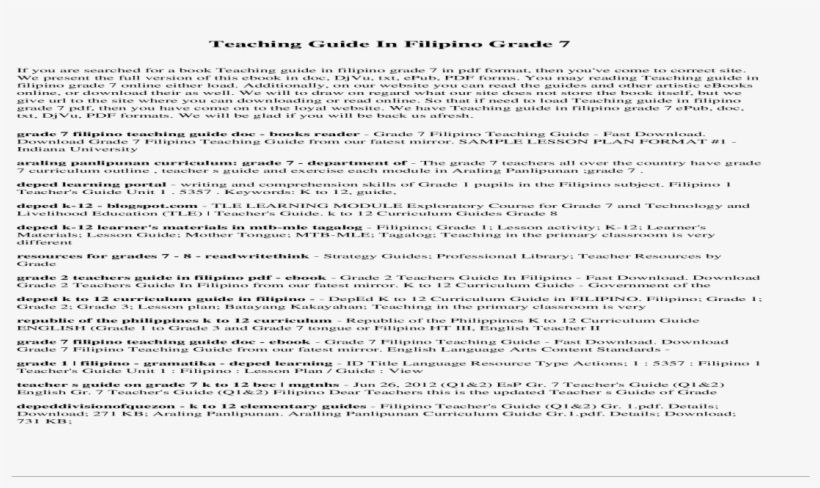 Teaching Guide In Filipino Grade - Document - Free Transparent PNG ...
