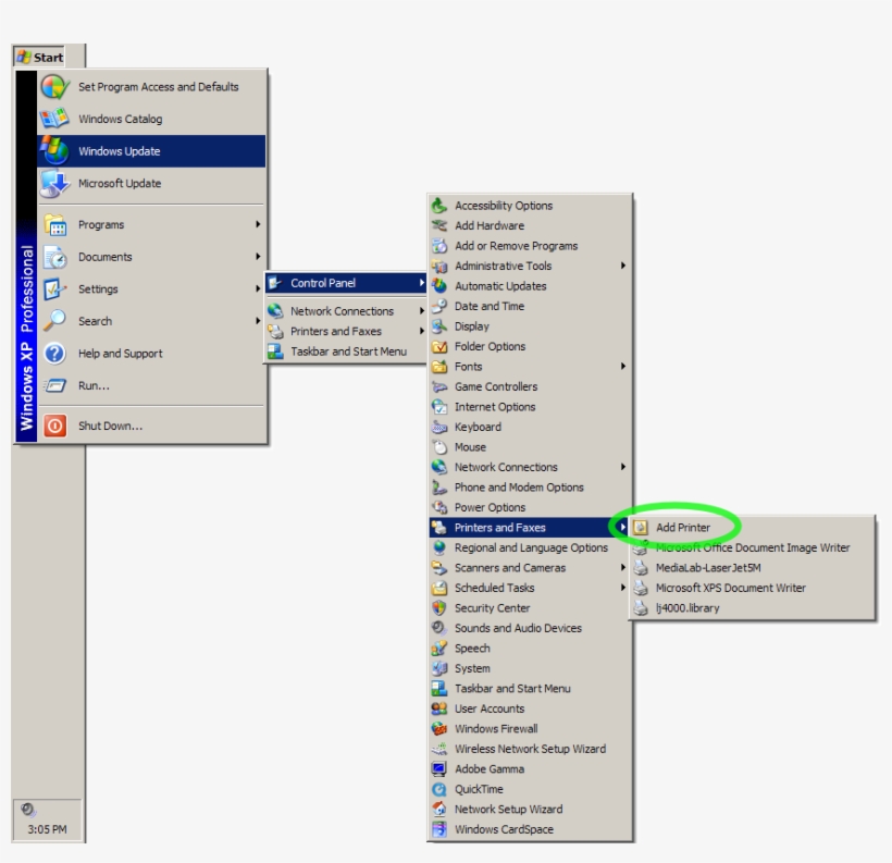The Picture Below Shows The Location Of The “add Printer” - Windows Xp ...