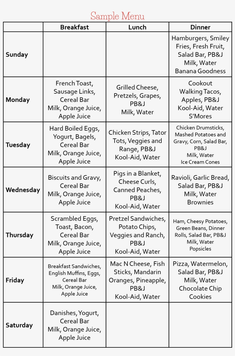 Sample Camp Menu - Menu - Free Transparent PNG Download - PNGkey