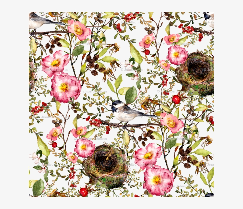 Chickadee With Nest Watercolor On White Fabric - Made In Skandia - Free ...