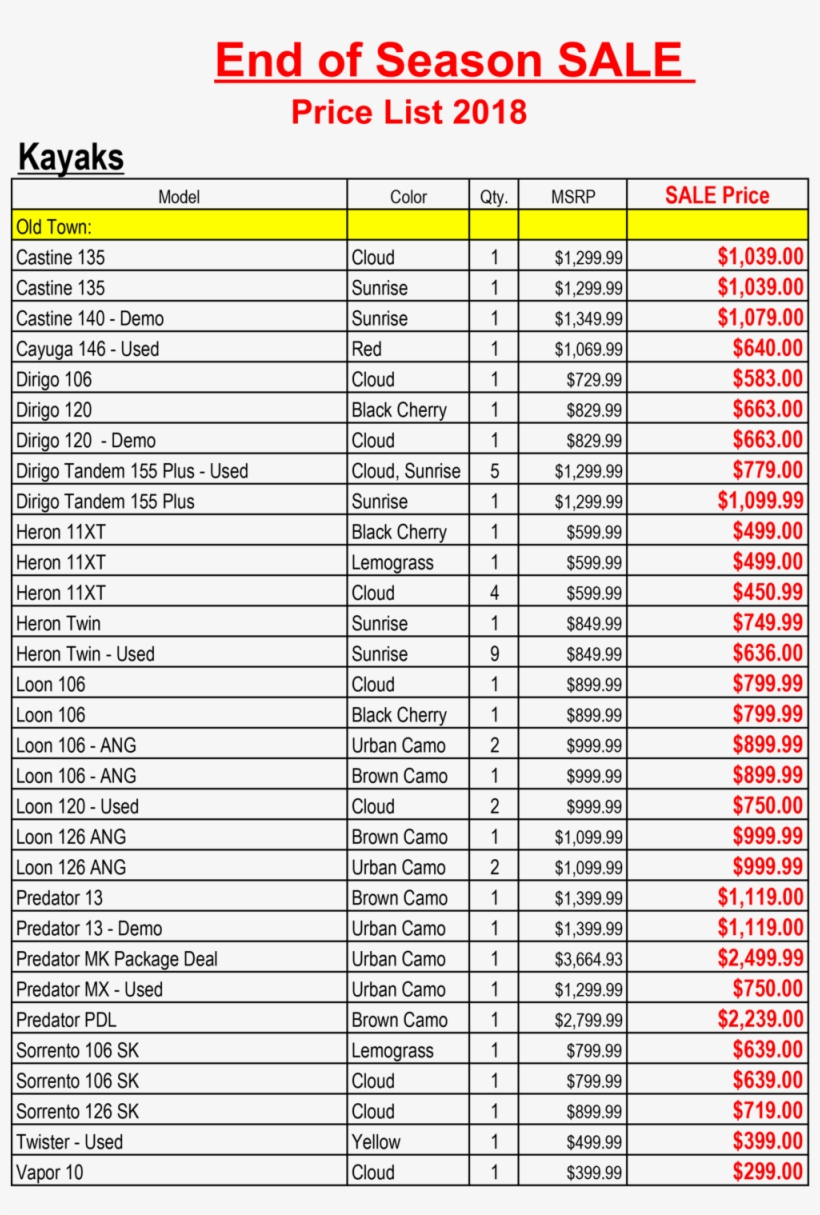 2018 End Of Season Sale Price List-1 - Free Transparent PNG Download ...