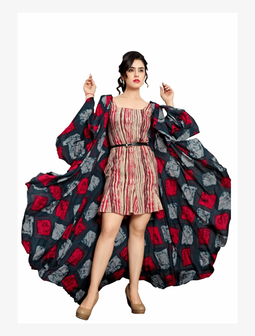 Stripes Printed Dress With Flared Cold Shoulder Shrug - Shrug - Free ...