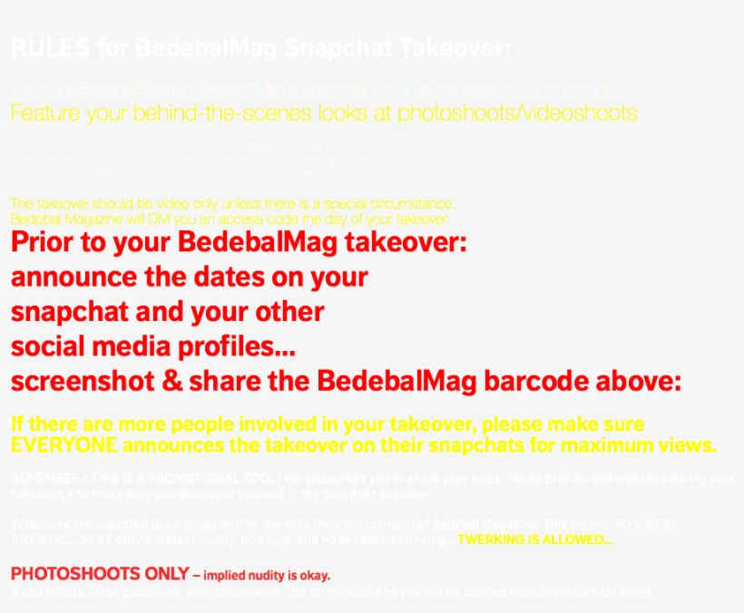 Rules For Bedebalmag Snapchat Takeover - Document - Free Transparent ...