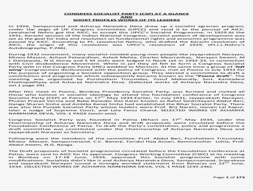 Congress Socialist Party At A Glance 1 Of 173 Congress - Document ...
