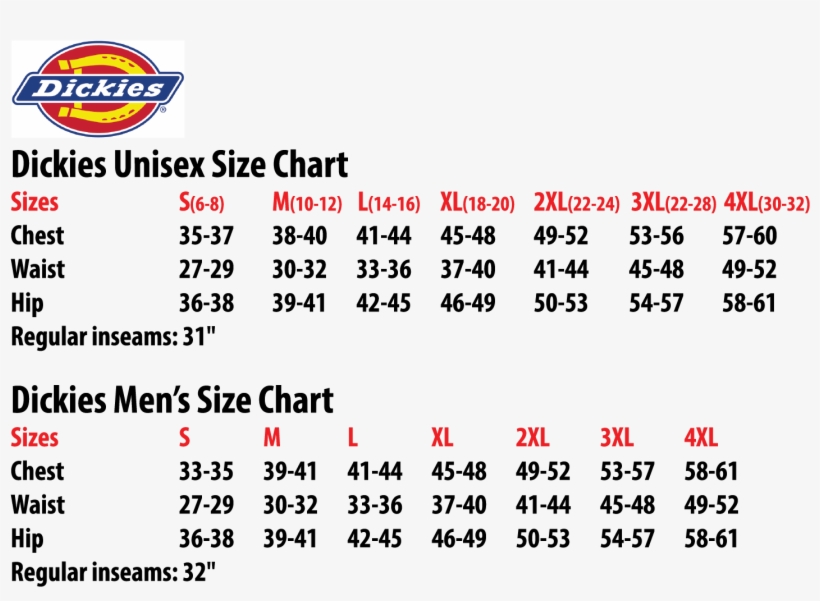Cherokee Size Chart - Dickies - Free Transparent PNG Download - PNGkey