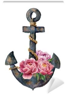 Watercolor Retro Anchor With Rope And Peony Flowers - Transparent ...