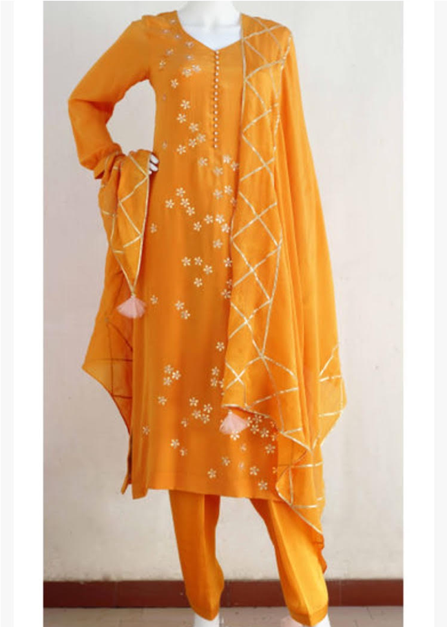 Download Saffron Yellow Gota-patti Phool Embroidered Kurta And - Gota ...