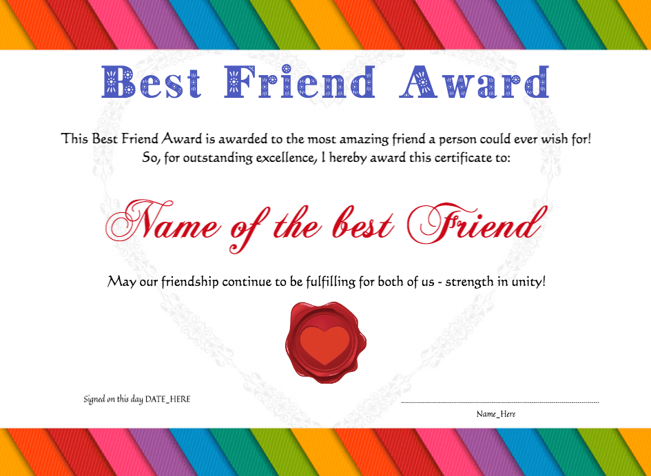 Best Friend Award - Appreciation Certificate For A Best Friend - Free ...
