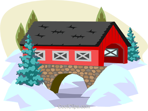 Winter Scene Royalty Free Vector Clip Art Illustration - Covered Bridge ...