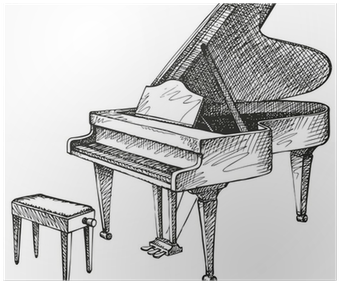 Vector Drawing Of Open Grand Piano And Stool For Musician - Drawing Of ...