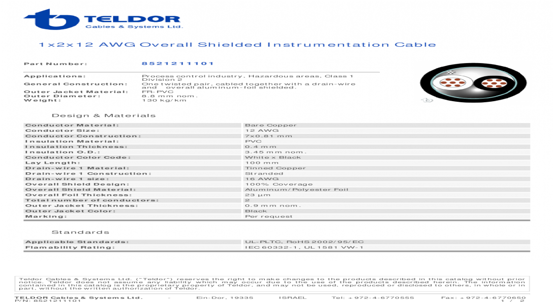 Download 1x2x12 Shielded Cable Teldor Pn 8521211101 Overall PNG Image ...