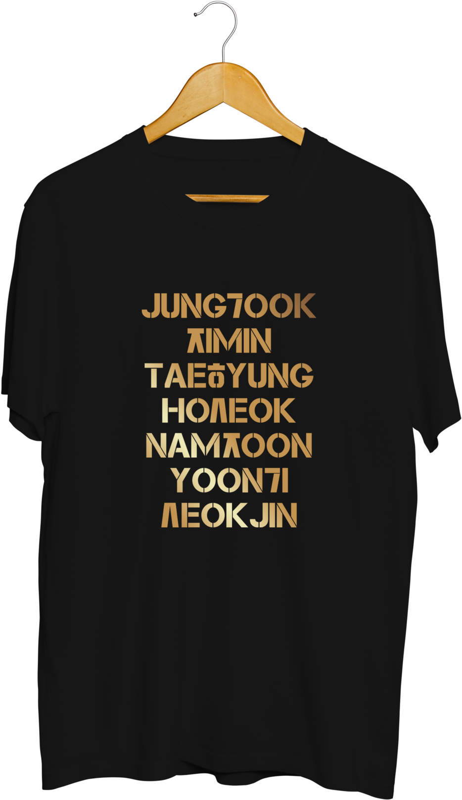Download Bts Gold Korean Typography Black T-shirt - Wrestle Maniacs PNG ...