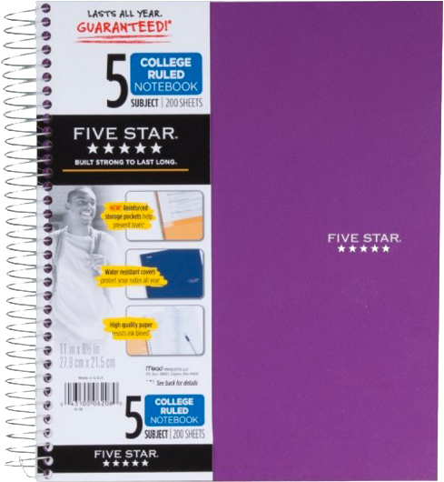 Download Spiral Notebooks - 5 Subject College Ruled Notebook PNG Image ...