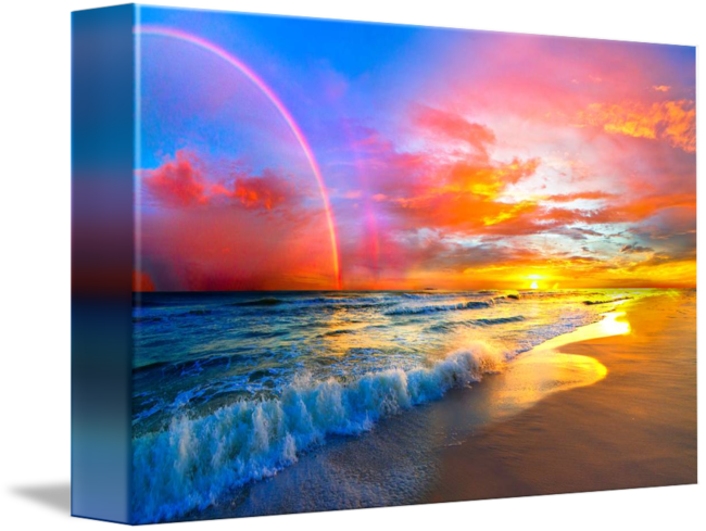 Pink Sunset Beach With Rainbow And Ocean Waves By Eszra - Pink Sunset ...