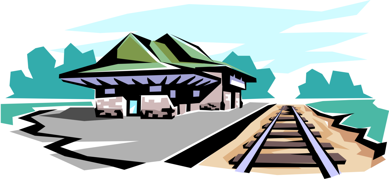 Vector Illustration Of Railway Train Passenger Station - Train Station ...
