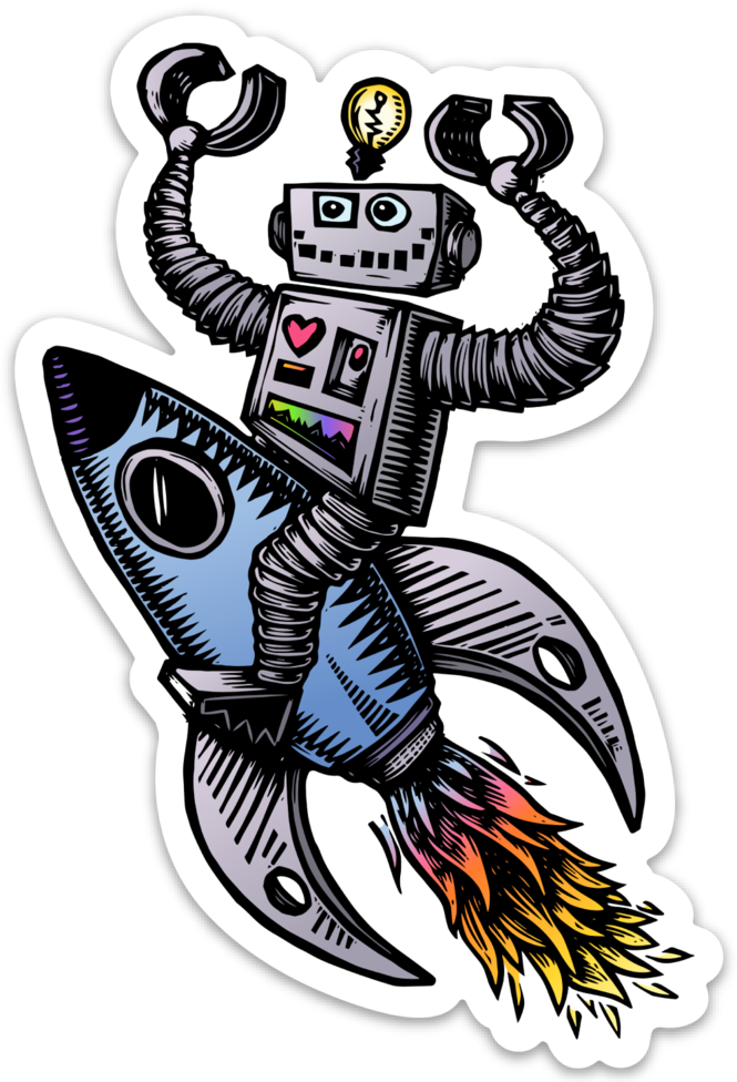 Download Image Of Robot On A Rocket Ship Sticker PNG Image with No ...
