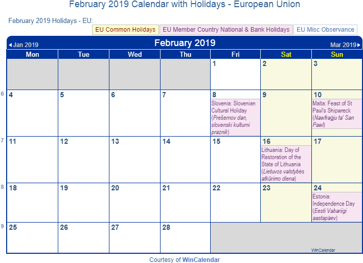February 2019 Holidays Calendar - Calendar With Canadian Holidays 2019 ...