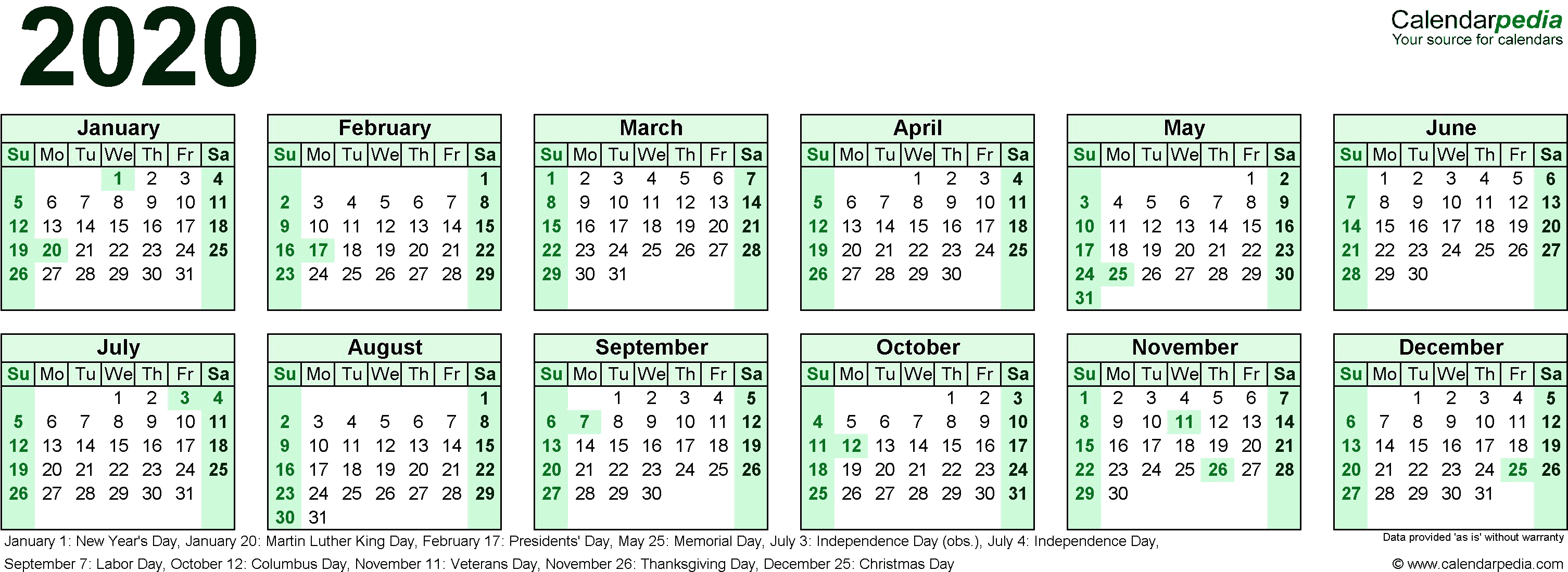 2020 Calendar Resolution - Year At A Glance Calendar 2019 Free ...